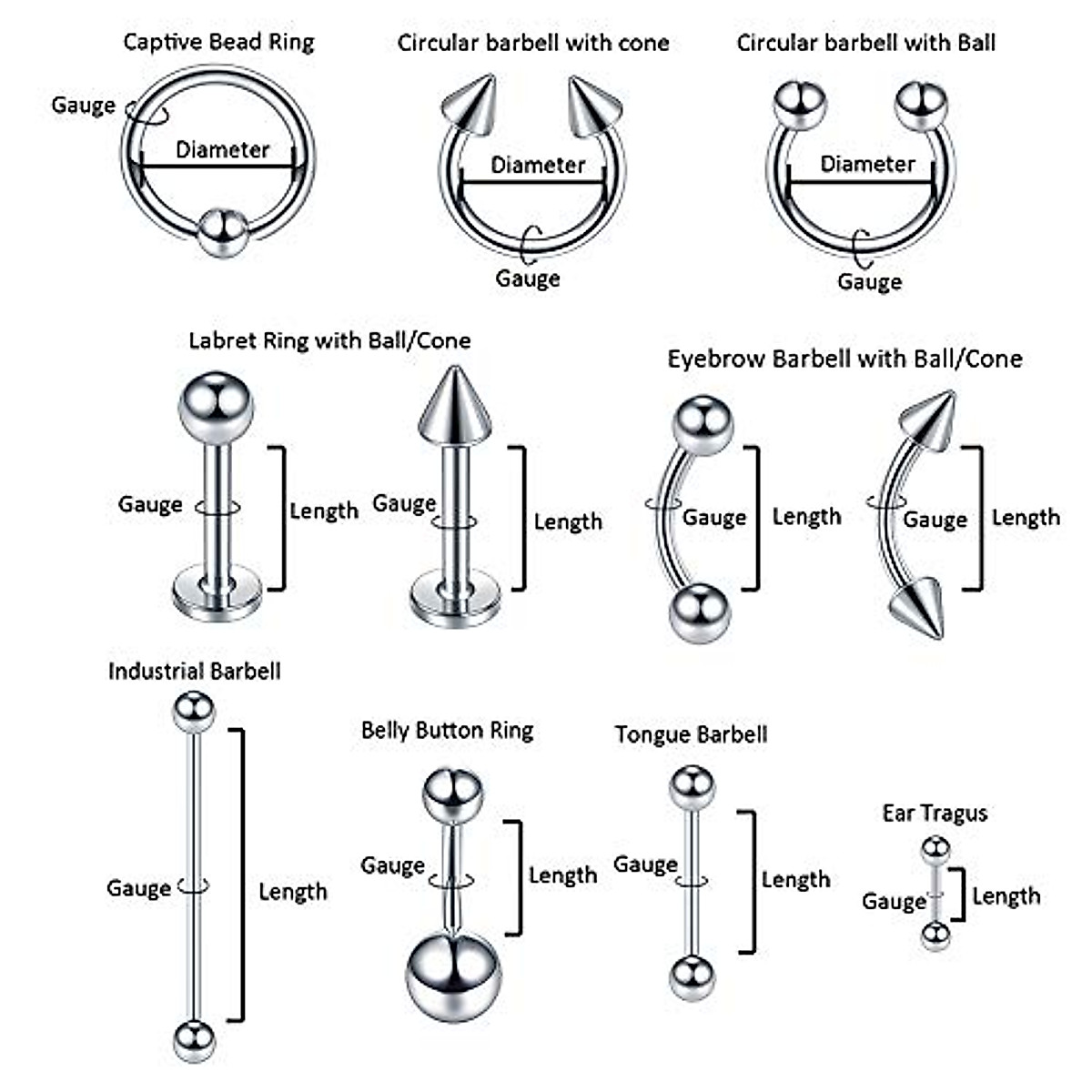 Xpircn 140PCS Piercing Kit Stainless Steel 14G 16G Nose Lip Tongue Tragus Daith Eyebrow Industrial Barbell Belly Button Rings Body Piercing Tools (Silver)