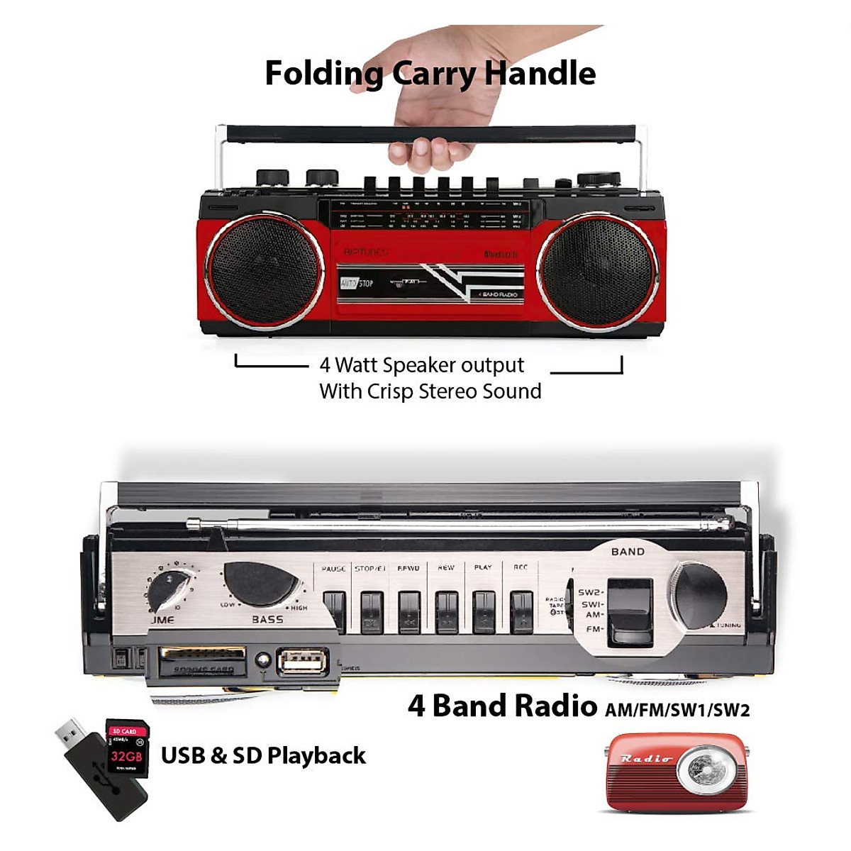 Riptunes Cassette Boombox, Retro Blueooth Boombox, Cassette Player and Recorder, AM/FM/SW-1-SW2 Radio-4-Band Radio, USB, and SD, RED