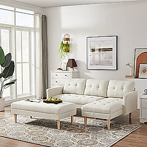 Modern Sectional Sofa Bed, L-Shape Sofa Chaise Lounge with Ottoman Bench for Living Room (Cream White Fabric)