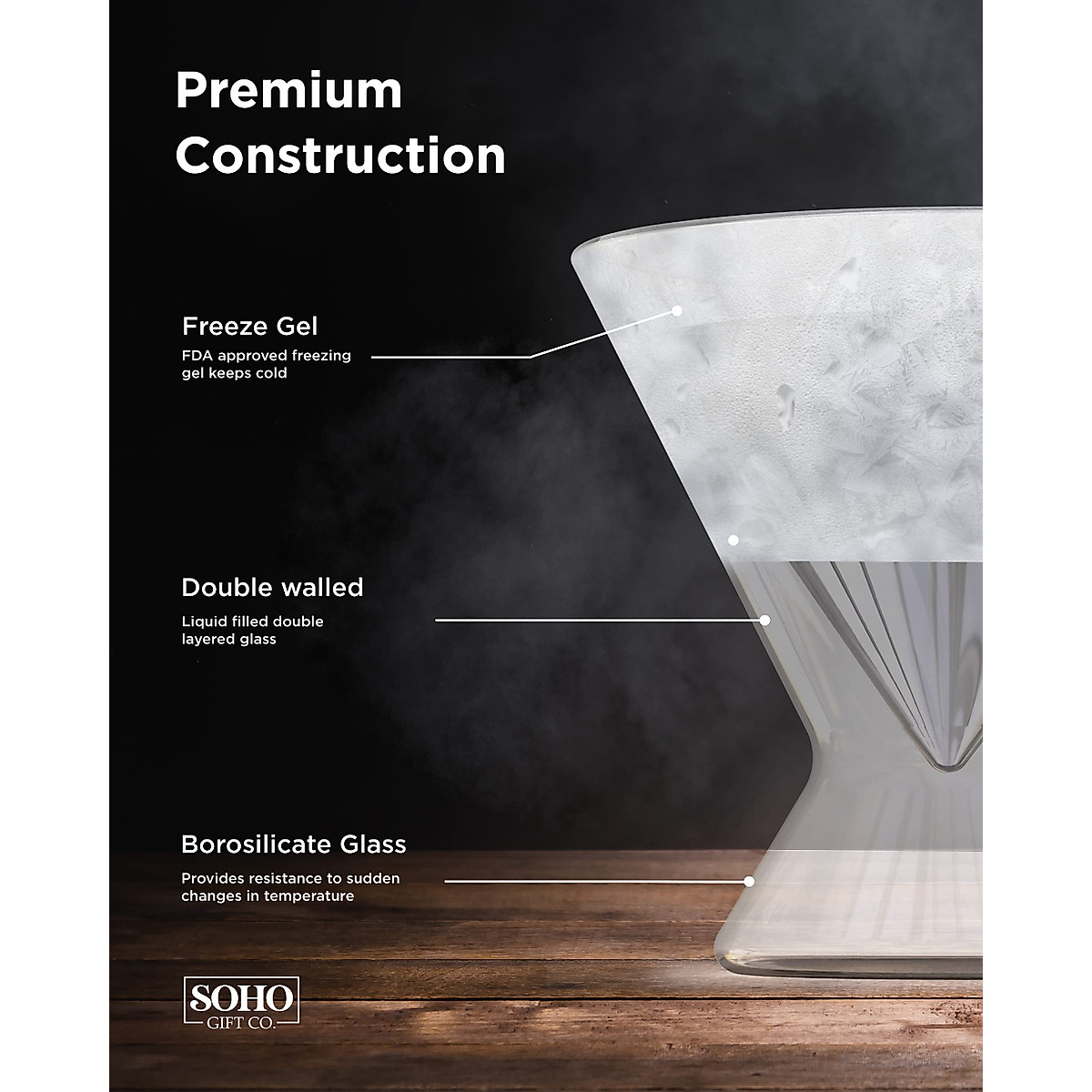 GALVANOX Freezable Cocktail Glasses (7oz) Stemless Martini Glass with Frozen Ice Walls, Freeze Party Cups - Great Gift for Christmas, Birthday, Wedding Occasions (2 Count)