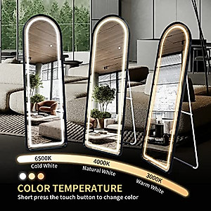 S'bagno 63"x20" Arched-Full-Length-Mirror-with-Lights, Bedroom Full-Body-Floor-Mirror Aluminum Black Frame, Wall-Mounted Hanging Dressing-Mirror with Touch Dimming& 3000K 4000K 6500K