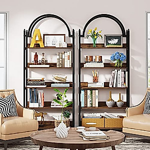Tribesigns 5-Shelf Arched Bookcase, Industrial Metal Etagere Open Bookshelf, Rustic Wood Shelf with Black Metal Frame,72 Inches Tall(1, Brown+Black)