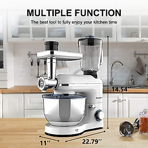 Nurxiovo Kitchen Stand Mixer, Multifunctional 3 in 1 Food Mixer Tilt-Head 850W Dough Machine with 6-1/2 Qt Stainless Steel Bowl, Hook, Whisk, Beater, Meat Blender and Juicer, White