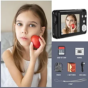 JHAMAL Digital Camera for Kids, 2.7K, 16X Zoom, 32GB SD Card & 2 Batteries (Black)