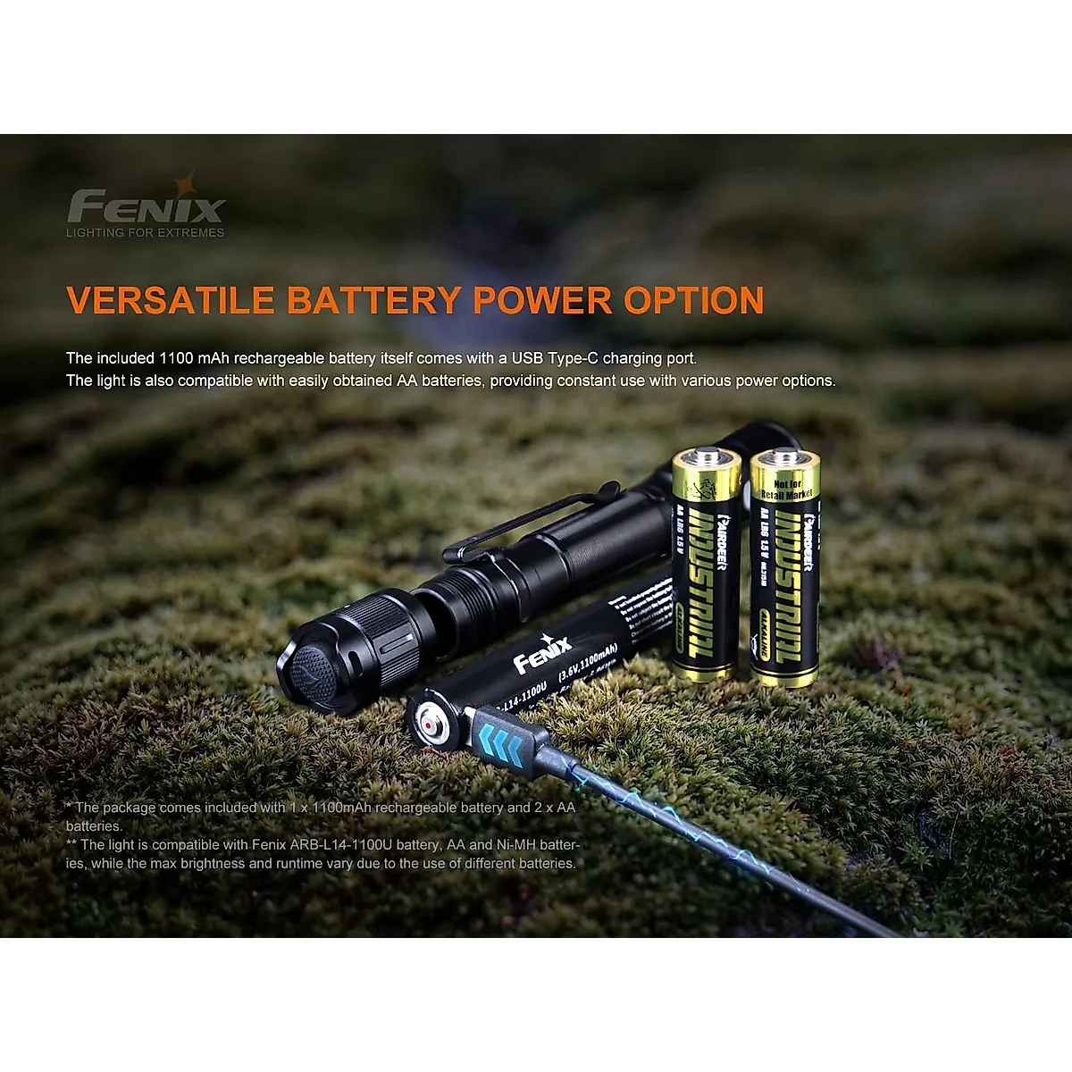 Fenix LD22 V2 800 Lumen Slim LED Tactical Flashlight, Rechargeable Battery, 2 X AA Batteries with EdisonBright Charging Adapter