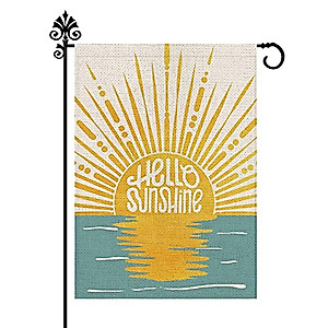 Hello Sunshine Garden Flag Sunset Over Sea Double Sided Vertical Summer Yard Outdoor Decoration 12×18 Inch (Size for Garden-12.5'' x 18'')