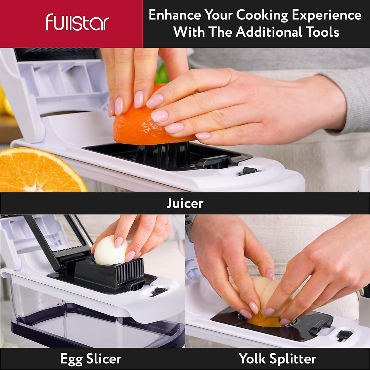 Fullstar 9-in-1 Vegetable Chopper with Extra Large Catch Tray - XL Veggie Chopper, Chopper Vegetable Cutter - Food Chopper, Kitchen Gadgets with Anti-Slip Bumper & Self Cleaning Feature (White)