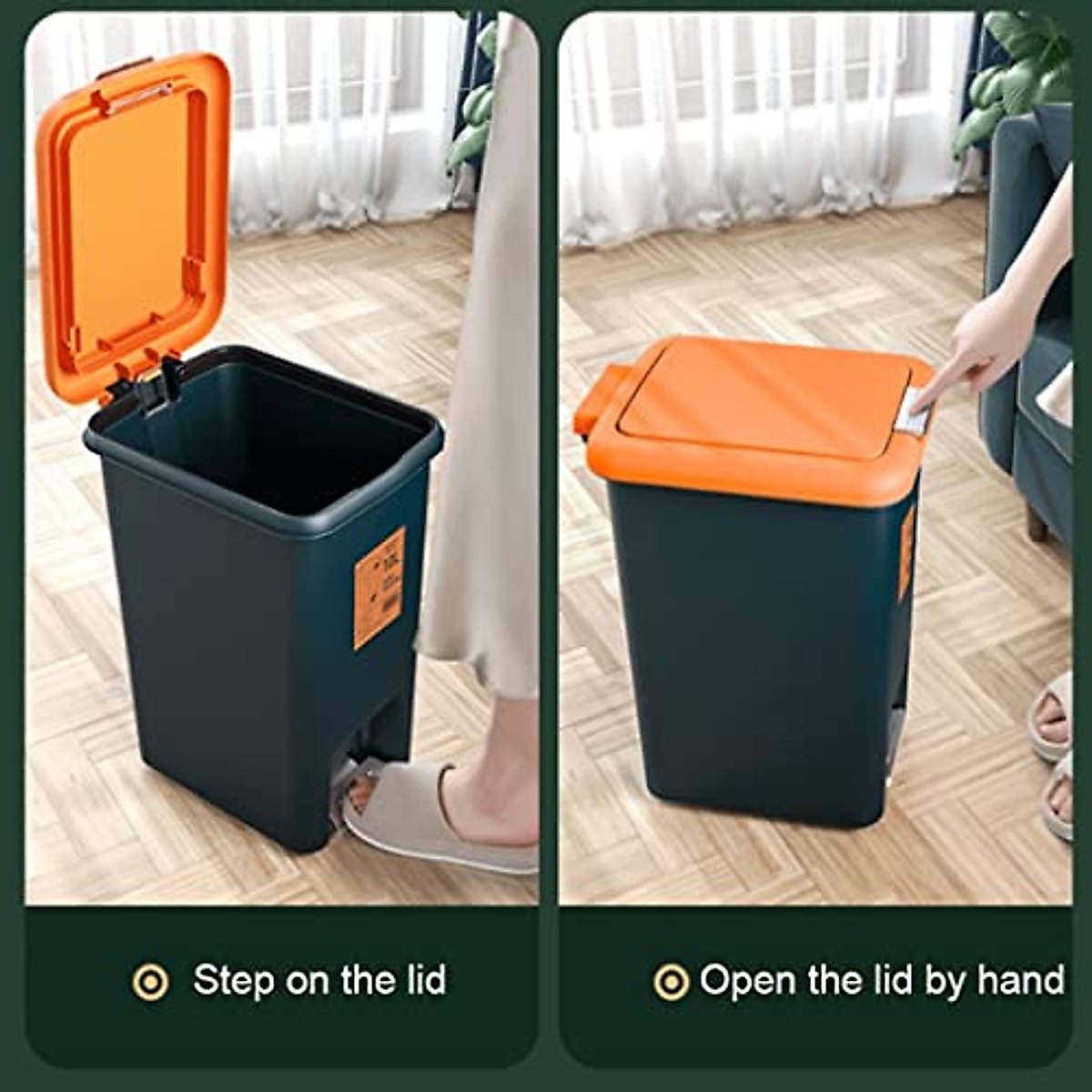 Trash bin Step-On Pedal Trash Can，Rectangular Spring Top Garbage Can with Lid，Large Plastic Garbage Bin for Bathroom Living Room Kitchen Reusable (Color : Orange)