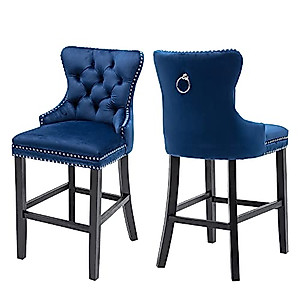GOOLON Bar Stools Set of 2, Velvet 26 Inch Seat Height Counter Height Barstools Button Tufted Backrest, Rivet Trim Bar Chairs for Kitchen Island Mid-Century Metal Pull Ring Wood Frame Legs, Blue