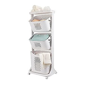 3 Tier Washing Hamper Dirty Clothes Storage Bin Multi Layer Rolling Laundry Cart PP Storage Hamper Freestanding Clothes Hamper Organizer with Portable Handle for Bathroom Living Room Bedroom Kitchen