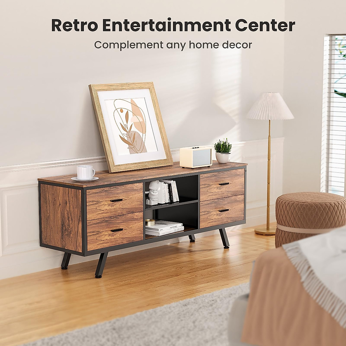 Pipishell TV Console Table for up to 65″ TVs, Retro TV Stand with Metal Frame & Fabric Drawers up to 150 lbs, Entertainment Center TV Console for Living Room & Bedroom Organization, PIRTS06WN