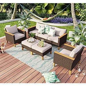 MFSTUDIO 7 Piece Wicker Patio Furniture Set, 2 x Single Chair, 2 x Ottoman, 3-Seat Sofa, All-Weather Outdoor PE Rattan Patio Conversation Set for Garden, Backyard(Beige Cushions)