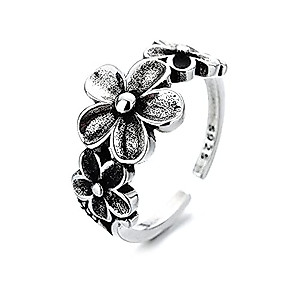 Vintage Plumeria Flower 925 Silver Plated Open Band Ring for Women Statement Adjustable Expandable Daisy Knuckle Finger Rings Comfort Fit Oxidized Retro Birthday Jewelry Gift