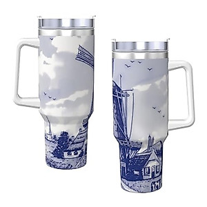 Xiexide 40oz Stainless Steel Gifts Vintage Blue Nederland Dutch Windmill Country Double Walled Vacuum Insulatedith Handle And Straw,Hot & Cold Drinks