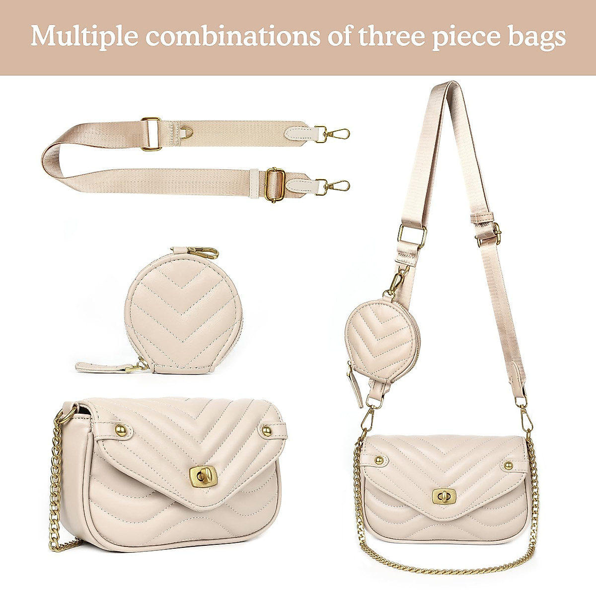 Small Crossbody Purses for Women Pu Leather Chain Quilted Handbag Designer Shoulder Bags Coin Cellphone Purse Set 2pcs (Khaki)