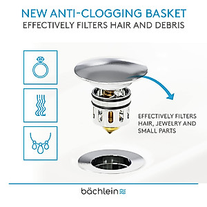 Bächlein Bathroom Sink Drain Without Overflow - Sink Stopper with Pop Up Function - Chrome Pop Up Bathroom Sink Drain incl. 3 Extra Seals and Installation Manual - German Brand