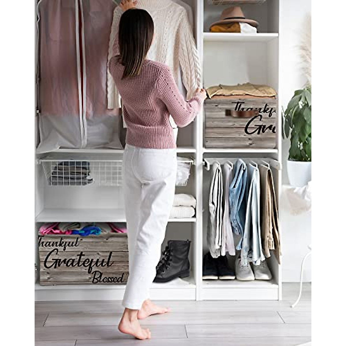 Cube Storage Bins Cloth Towel Organizer Thankful Grateful Blessed Thanksgiving Sunflower Farmhouse Rustic Wooden Fabric Collapsible Storage Baskets with Handles 1 Pack