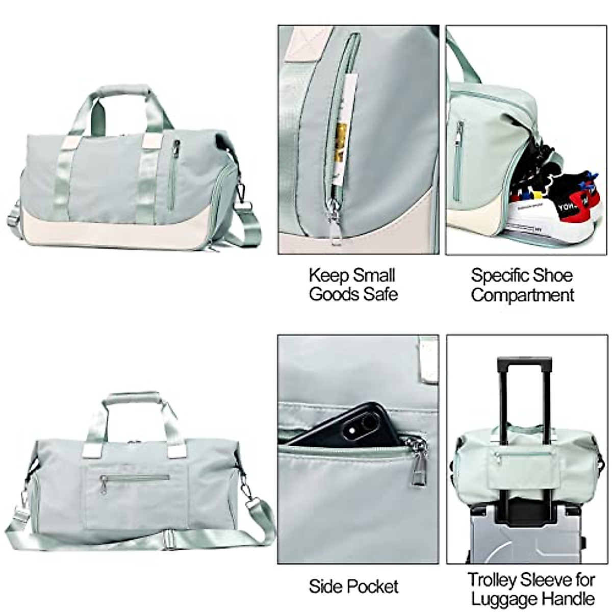 Sports Gym Bag for Women, Travel Duffel Bag with Wet Pocket & Shoes Compartment Weekender Bag, Green