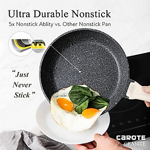 CAROTE Nonstick Frying Pan Skillet,Non Stick Granite Fry Pan with Glass Lid, Egg Pan Omelet Pans, Stone Cookware Chef's Pan, PFOA Free (Classic Granite, 10-Inch)