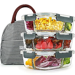 DAS TRUST 3 Pack 36oz Bento Box Glass Meal Prep Container 3 Compartment Glass Food Storage Containers with Lids Meal Prep Bowls Lunch Box Glass Food Prep Containers Lunch Container for Microwave Oven