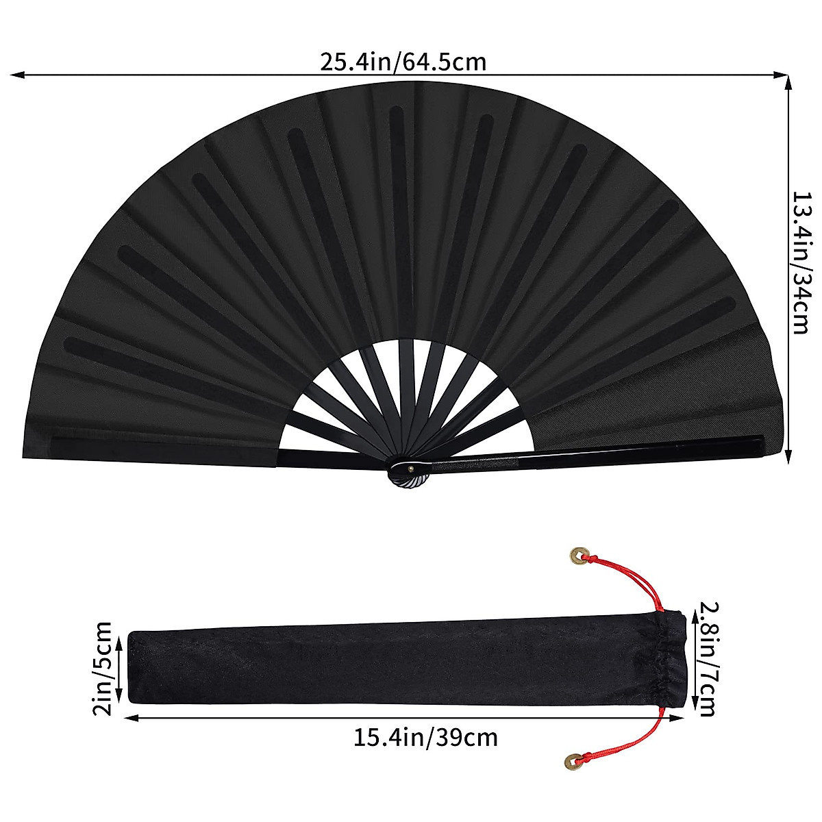 2 Packs Large Folding Hand Fan Handheld Folding Fans Chinese Tai Chi Nylon Cloth Chinese Kung Fu Fan with Holder Sleeve for Men and Women Performance Dance Decorations Festival (Black)