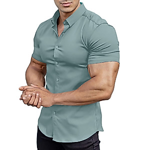 Casual Men's Muscle Fit Dress Shirts Short Sleeve Athletic Fit Button Down Shirts Light Green L