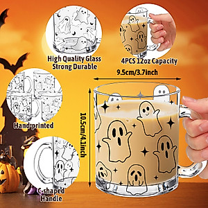 RimCereal 4 PCS Halloween Ghosts Glass Coffee Mugs with Handle Spooky Iced Coffee Cup Halloween Home Decor Cute Halloween Gifts Halloween Spooky Cups, 12oz