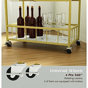 aboxoo Bar Cart 3 Tiers Removable Storage Tray with Wine Rack & Basket Tier,Rolling Beverage Cart,Mobile Bar Serving Cart with Handle, White Marble Wood and Gold Frame Home Kitchen Shelf for Party