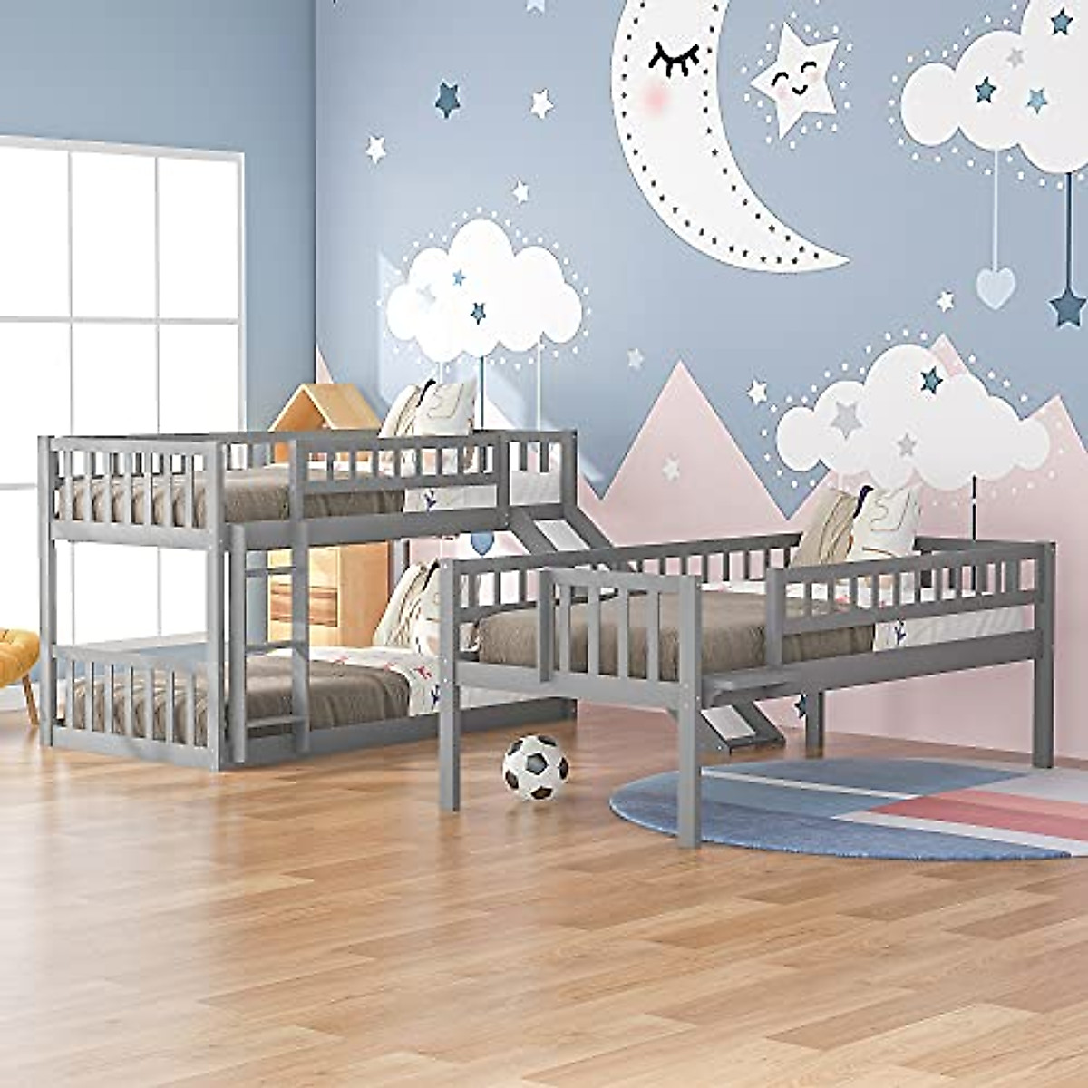 Wood Twin Triple Bunk Bed, Kids Triple Floor Bunk Beds with Slide, 3 Bunk Beds Twin Over Twin Over Twin Size, Converted Bunk Beds. Grey