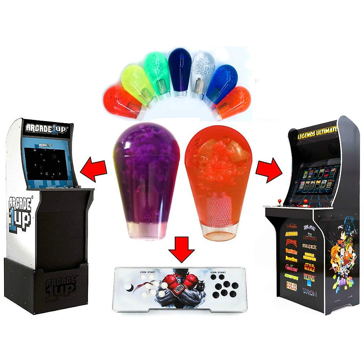 Alvatron Set of 2 Transparent Joystick Bat Top Handles Clear Oval Translucent Ball Tops for Arcade1up, Atgames Legends Ultimate Arcade, Pandora's Box, Mame, Seimitsu, Zippy, JLF Sanwa (Purple/Red)