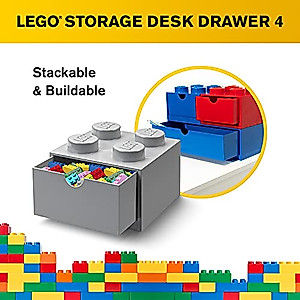 ROOM Copenhagen Lego Storage Brick 4 Desk Drawer, 4-Stud Stackable Tabletop Storage Box, 6.2 x 6.2 x 4.4 in, Stone Grey