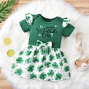 Noubeau Baby Girl St. Patrick's Day Outfits Short Sleeve Lucky Gal Print Romper+Clover Ruffle Shorts Bloomers Summer Clothes (Green Letter, 3-6 Months)