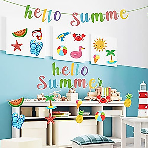 46 Pcs Hello Summer Cutouts Summer Bulletin Board Set Hawaii Ice Cream Watermelon Palm Tree DIY Paper Cutouts Wall Decals Beach Party Decorations for Classroom Kindergarten Party Supplies