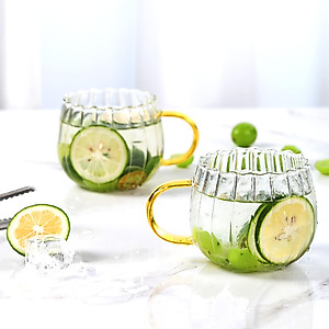 LUATSDAR 14 oz Glass Coffee Mugs Set of 4, Drinking Glasses with Yellow Handle, Clear Glass Cups for Hot or Cold Drinks like Cappuccino, Latte, Cocoa, Milk, Tea