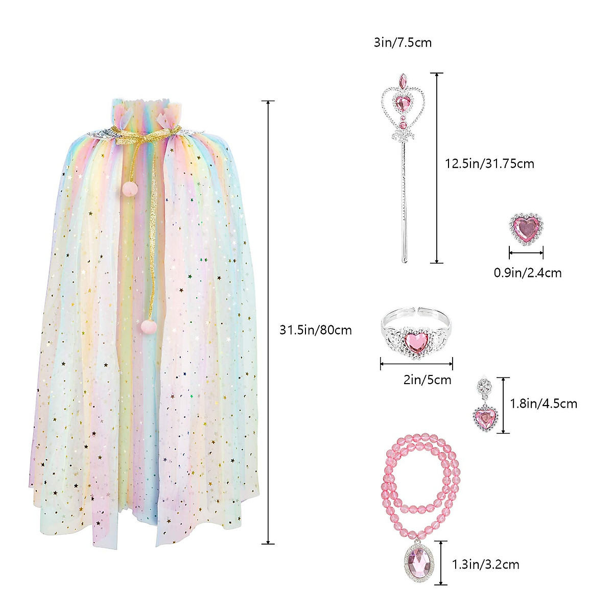 Fedio Princess Cape Set 7 Pieces Girls Princess Cloak with Tiara Crown, Wand for Little Girls Dress up (Rainbow)