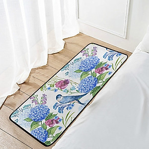 Bird with Blue Hydrangea Kitchen Rug 39 X 20 inch Non Skid Washable Throw Rugs for Kitchen Floor Sink Entryway Rugs Runner