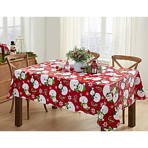 Newbridge Red Swirling Snowman Christmas Vinyl Tablecloth with Flannel Backing, Candy Cane and Snowflakes Xmas Easy Care Vinyl Winter Holiday Tablecloth, 60” x 102” Oblong/Rectangle