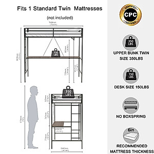 Ochangqi Twin Metal Loft Bed, Heavy Duty Metal Twin Loft Bed with Ladder and High Safety Guard Rails, Multifunctional Modern Loft Bed for Kids Teens Adult, Black