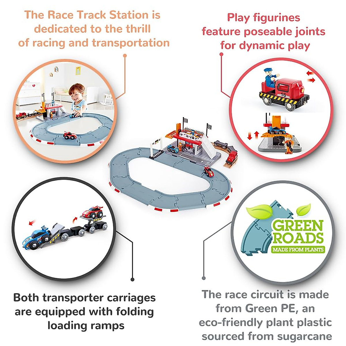 Hape Race Track Station Wooden Realistic Kids Race Track Toy with Two Race Cars, Carriages & Repair Station L: 25.2, W: 4.7, H: 23.6 inch