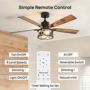 Consciot Ceiling Fan With Lights, 52 Inch Farmhouse Indoor Ceiling Fan With Remote, Quiet Reversible DC Motor, 5 Double Finish Wood Blades, Easy Dual Mount, Support Dimmable 2*E26 Bulbs(not included)