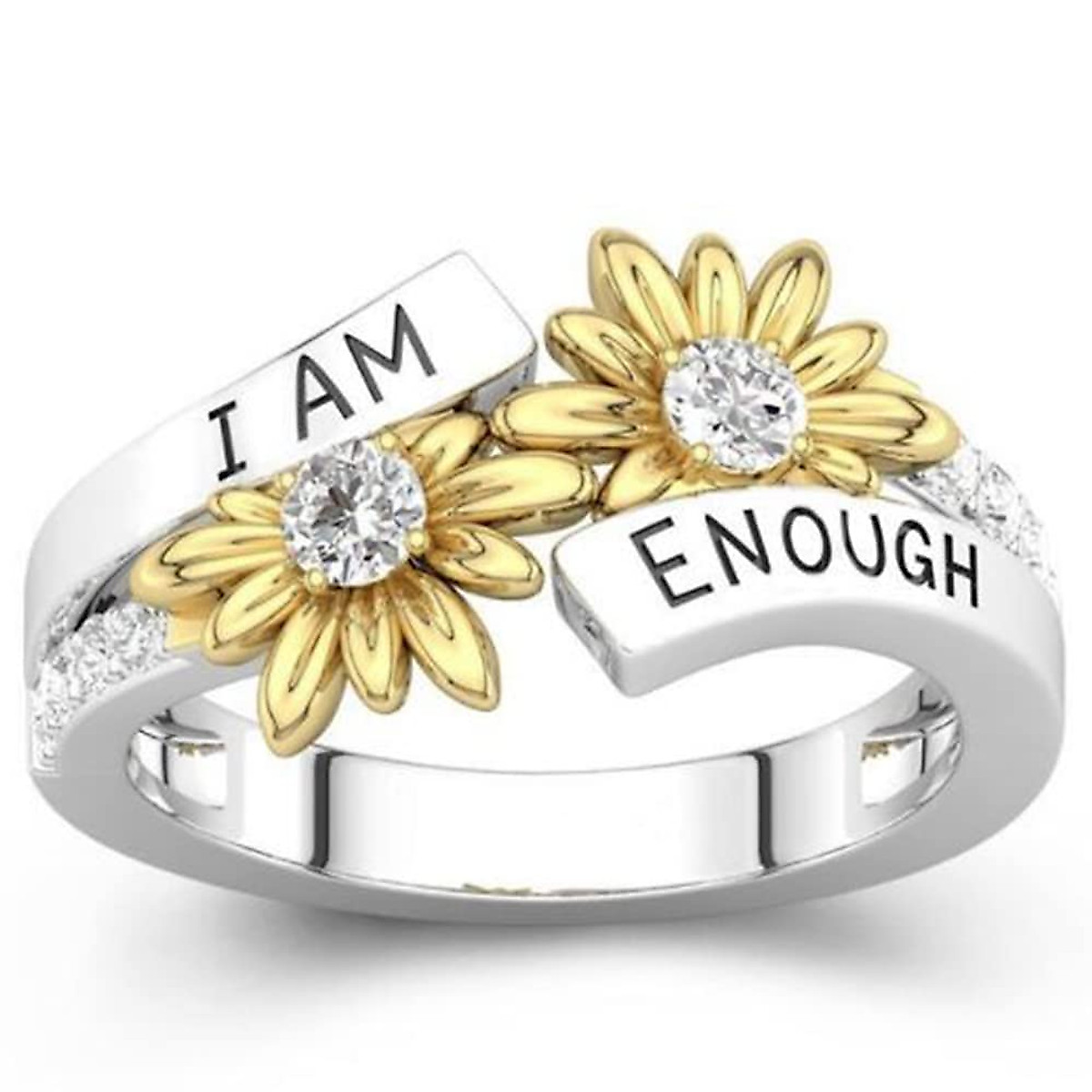 Jude Jewelers Rhodium Plated Silver Gold Two Tone Sun Flower I am Enough Mantra Inspirational Ring (Silver Gold, 7)