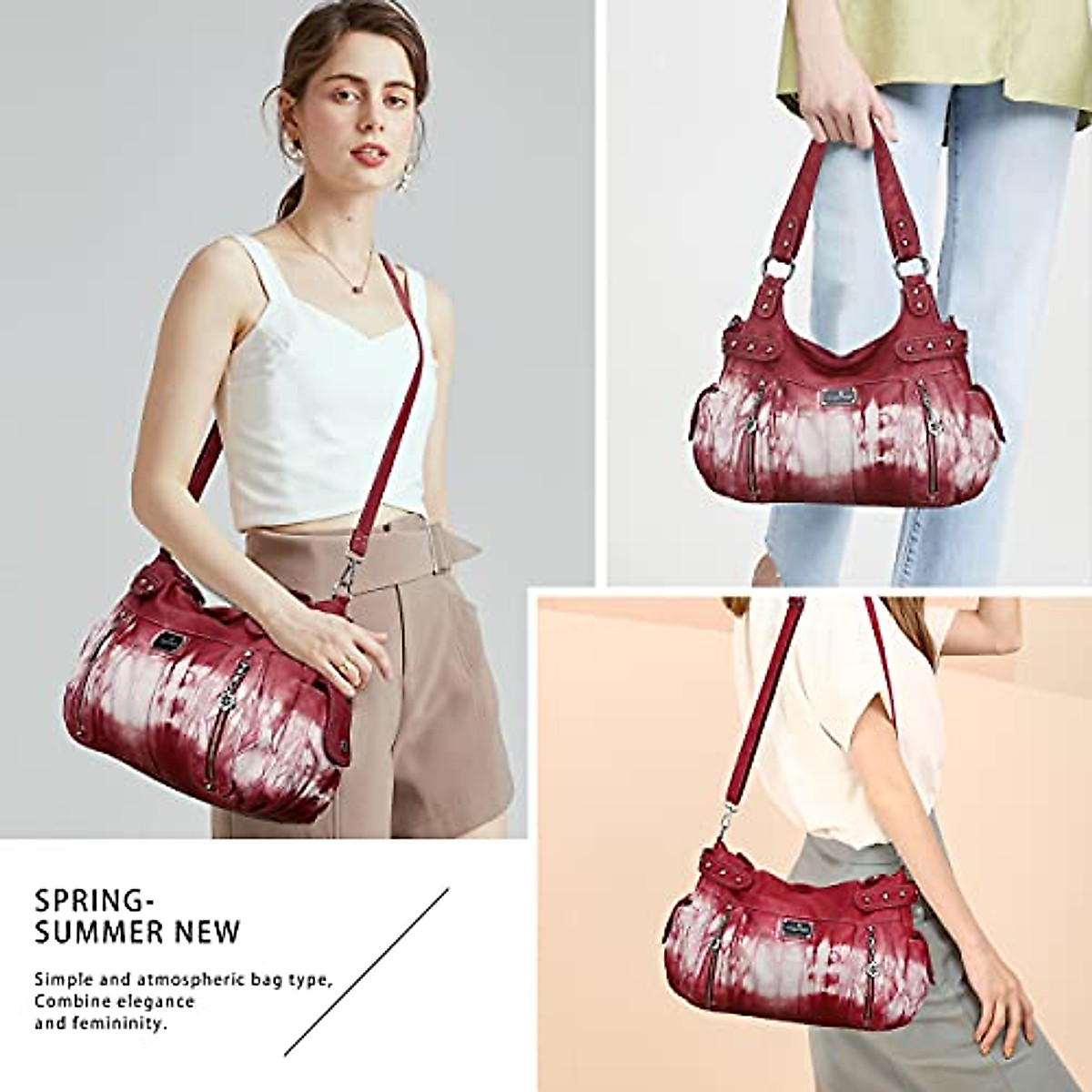 Women Handbags Shoulder Bags Washed Leather Satchel Tote Bag Mutipocket Purse (AK19244-3Z#13-PINK)