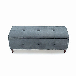 Panana Rectangle Tufted Lift Top Storage Ottoman Bench, Footstool with Solid Wood Legs Upholstered Storage Bench, Gray Linen Fabric