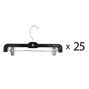 Super Heavy-Duty 14 inch Wide Black Plastic Skirt or Pant Hangers with Swivel Hook and Adjustable Clips (Quantity 25) (Black, 25)