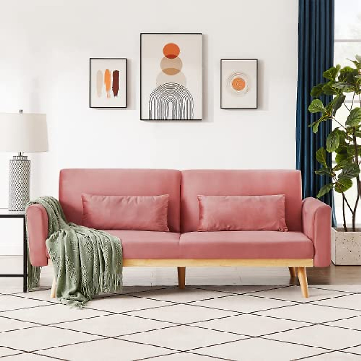 Lamerge Velvet Sleeper Couch with Pillows and Wooden Frame, Upholstered Modern Folding Futon Sofa Bed, Lounge Memory Foam Convertible Loveseat for Living Room, Home & Office (Pink)