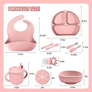 Silicone Baby Feeding Set | Baby Led Weaning Supplies | Toddler Self Feeding Dish Set with Suction Bowl, Divided Plate,Sippy Cup Spoons Forks Teether and Adjustable Bib, Eating Utensils for 6+Months
