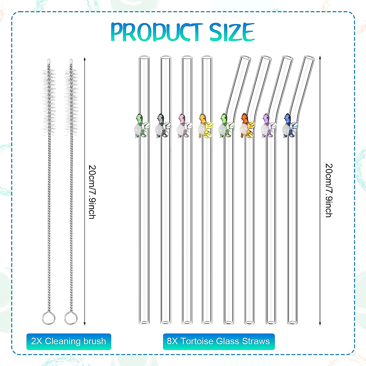 8 Pcs Reusable Glass Straws Shatter Resistant Straws with Design Colorful Cute 8'' Bend Drinking Glass Straws for Cocktail with 2 Cleaning Brushes (Turtle)