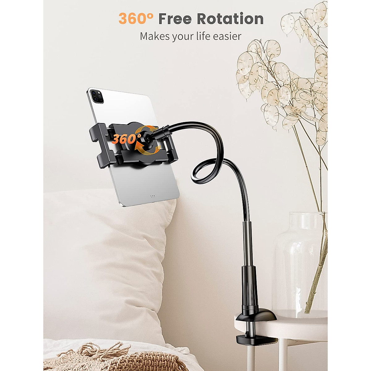 eSamcore Tablet Stand Holder, Gooseneck Phone Holder for Bed Cell Phone Stand for Desk Recording, Powerful Phone Grip Clamp Mount Compatible with All 4.7" - 11" Screen