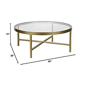 Henn&Hart 36" Wide Round Coffee Table with Glass Top in Brass, Modern coffee tables for living room, studio apartment essentials