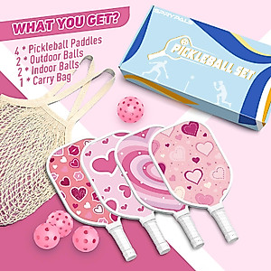 Sprypals Pickleball Paddles, Pink Pickleball Set of 4 with 4 Premium Wood Pickleball Paddles, 4 Balls and 1 Carry Bag Ergonomic Cushion Grip for Beginners & Intermediate Players Indoor & Outdoor